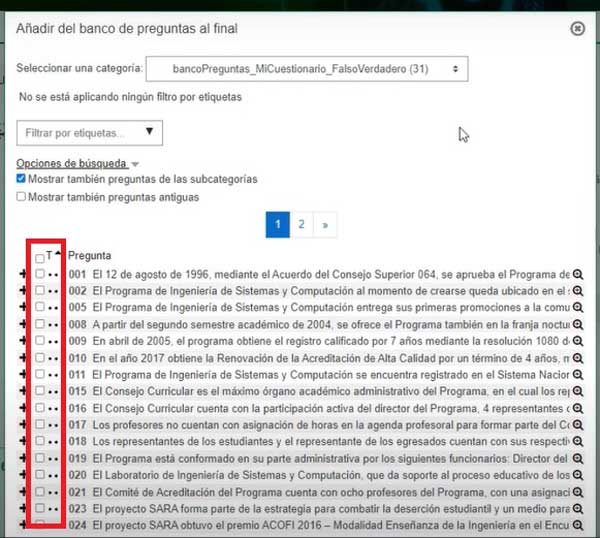Publicar las preguntas en un cuestionario en Moodle | Uniquindio